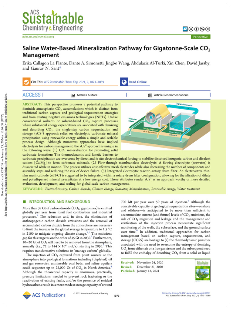 Saline Water-Based Mineralization Pathway For Gigatonne-Scale CO2 Management | PDF | Carbon ...