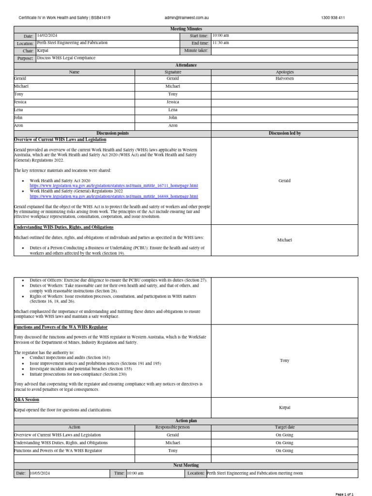 BSB41419-Meeting Minutes | PDF | Occupational Safety And Health | Safety