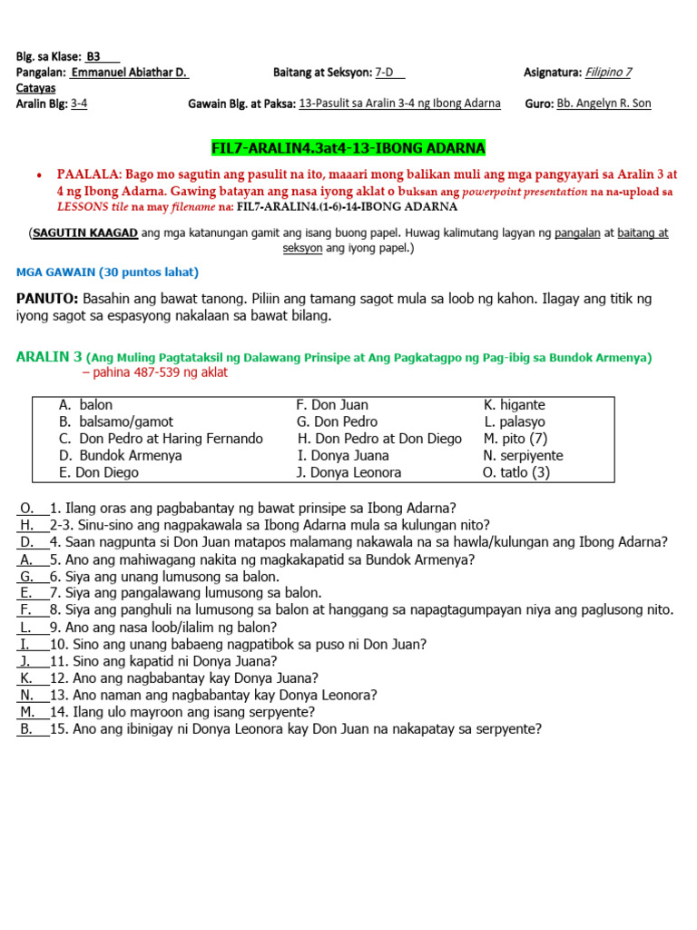 FIL7-GAWAIN4.3at4-13-IBONG ADARNA-CATAYAS, E.A. | PDF