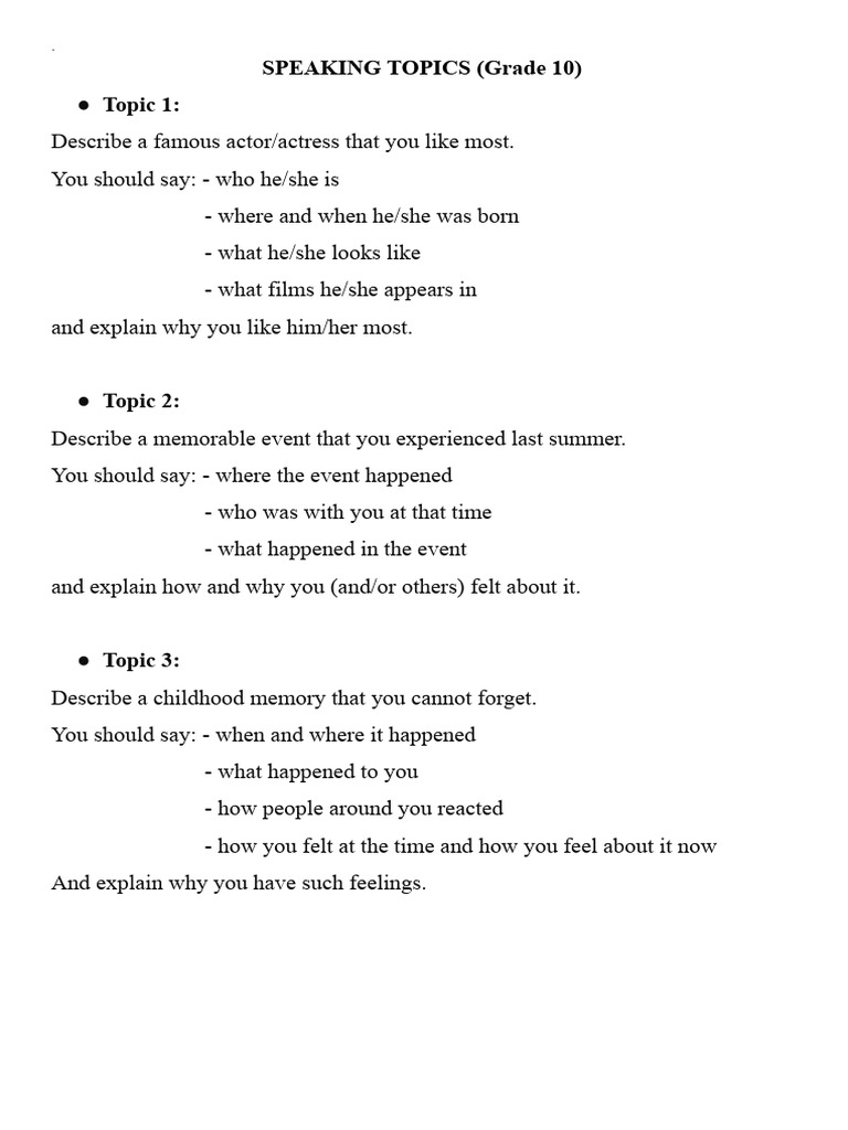 Speaking Topics Grade 10 2022 2023 | PDF