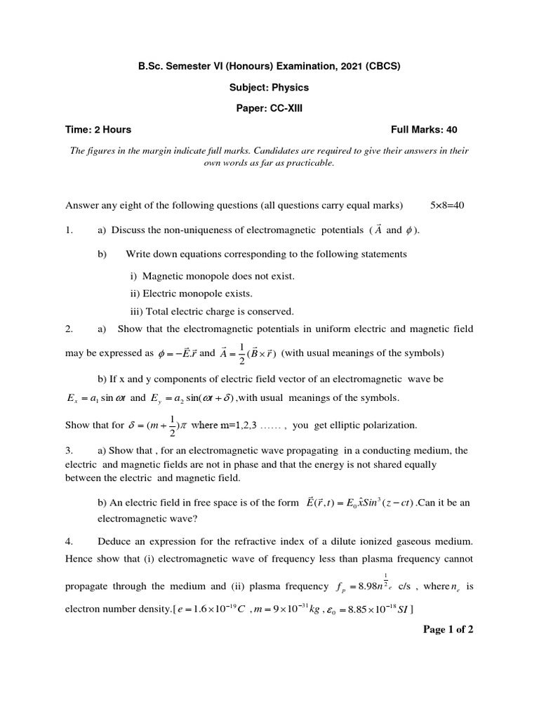 PHYSICS Burdwan University Question Paper | PDF | Polarization (Waves ...