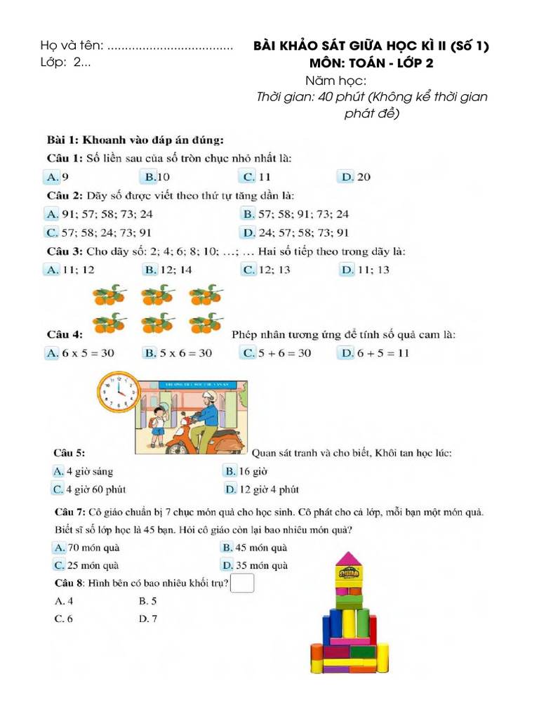 6 đề Ôn GKII Toán 2 | PDF