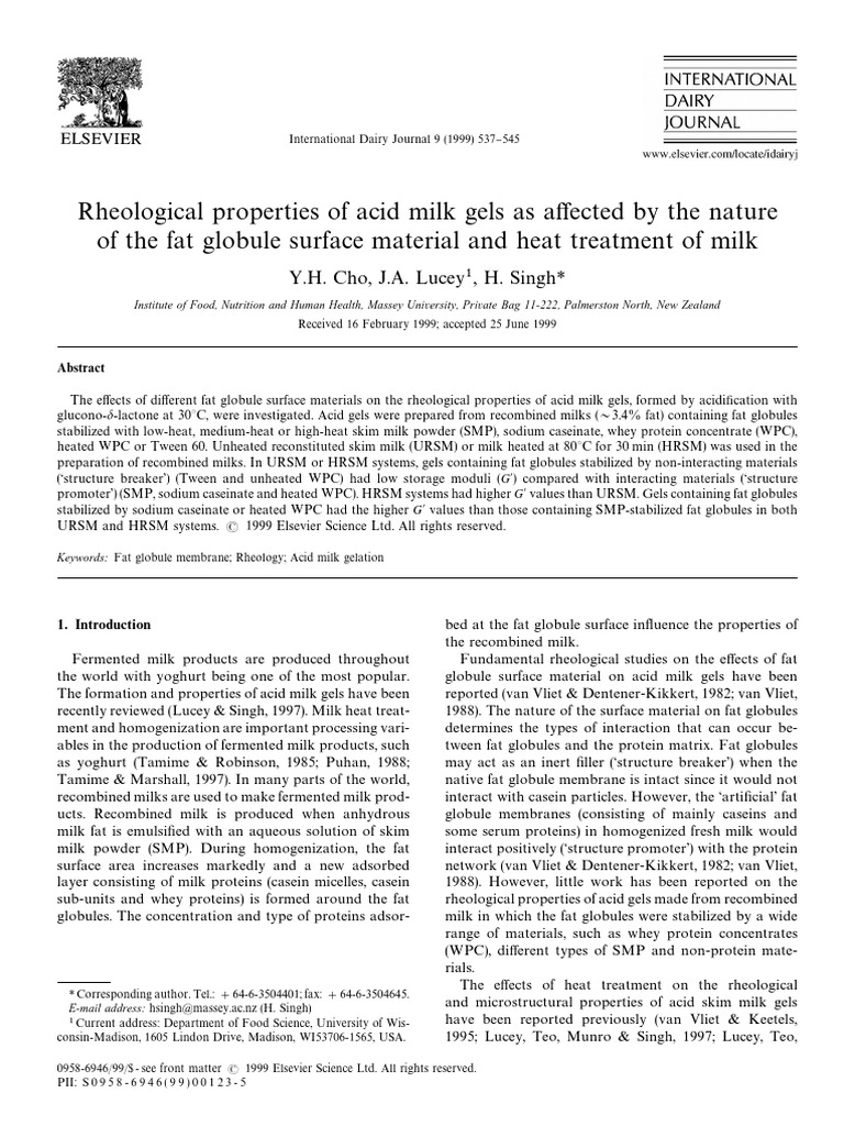 Rheology of Acid Milk Gels Study | PDF | Milk | Emulsion