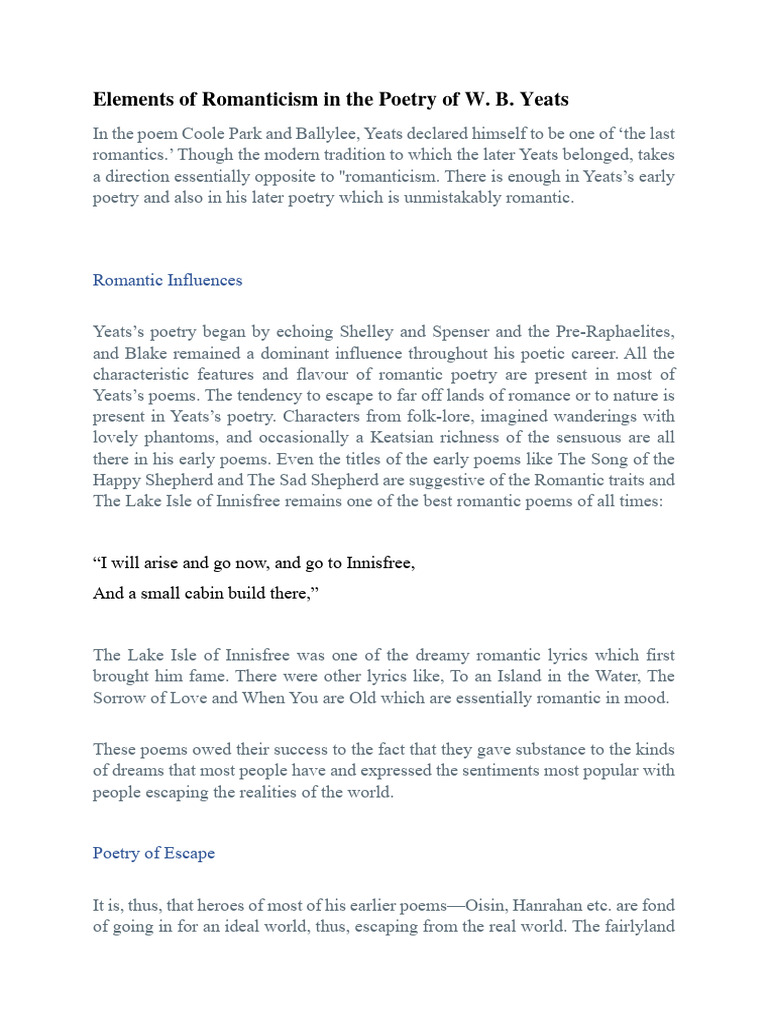 Elements of Romanticism in The Poetry of W | PDF | W. B. Yeats | Poetry
