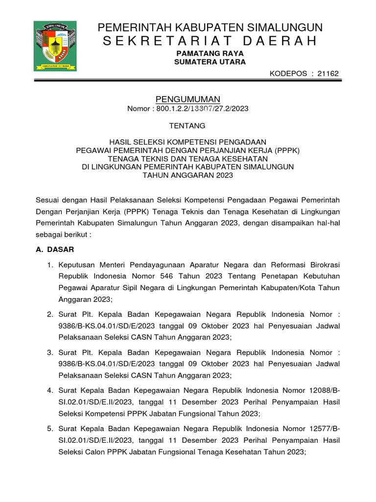 Pengumuman Hasil Seleksi Kompetensi PPPK Tenaga Kesehatan Teknis Dan Pemberkasan Usul Penetapan ...