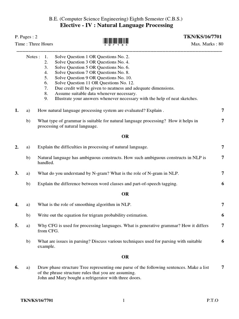 RTMNU BT CSE Natural-Language-Processing-2016 | PDF | Parsing | Language Mechanics