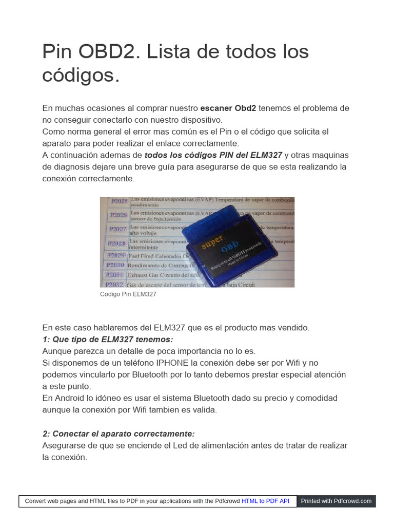 Guía de Conexión ELM327 y Códigos PIN | PDF | Bluetooth | Informática