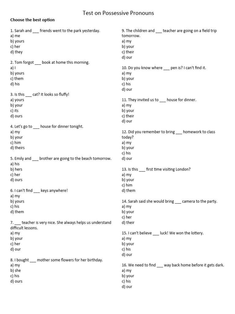 Test on Possessive Pronouns | PDF