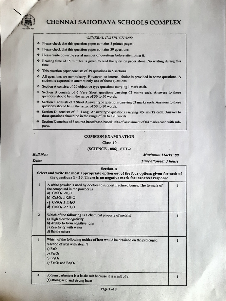 CSSC Science QP Set 2 1 | PDF | Oxide | Carbon