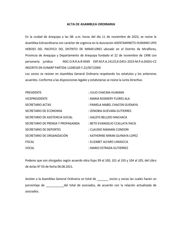 Acta de Asamblea Ordinaria | PDF | Gobierno