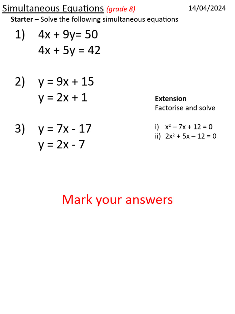 Grade 8 Simultaneous Equations Practice | PDF | Quadratic Equation ...