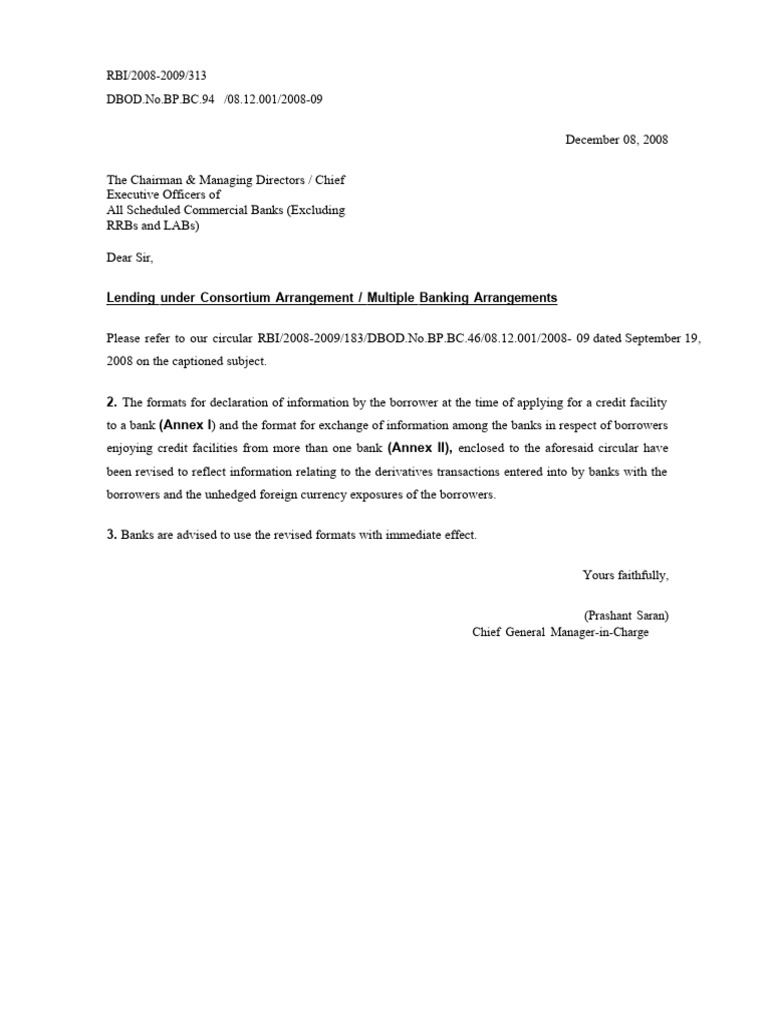 RBI Guidelines on Multiple Banking Arrangements | PDF | Loans ...