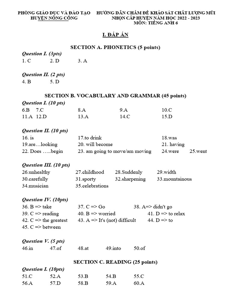 HSG ANH 6 - ĐÁP ÁN 2023 | PDF