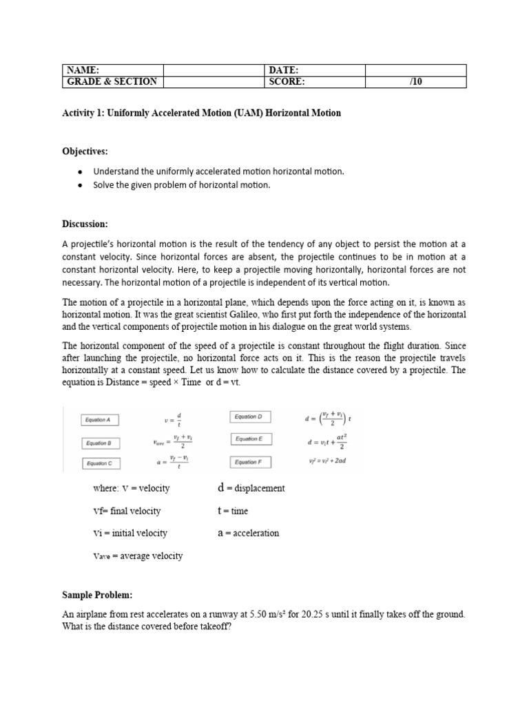 UAM Activity Worksheet | PDF | Acceleration | Gravity