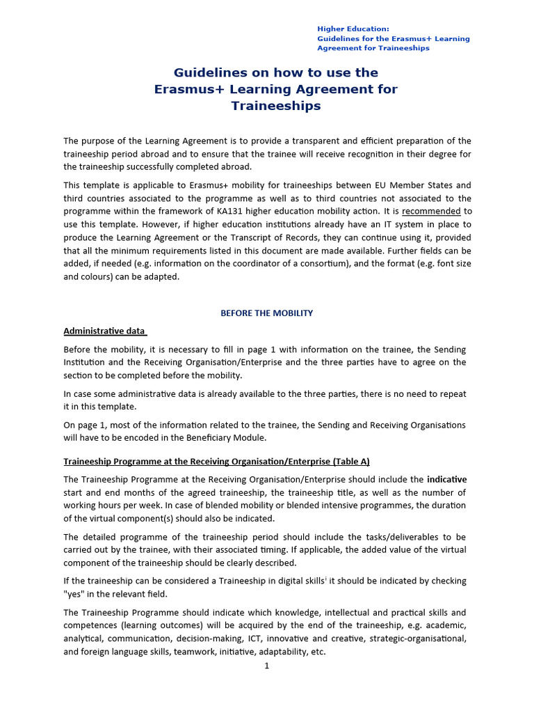 Guidelines - Learning Agreement For Traineeships 2022 | PDF | Business | Learning