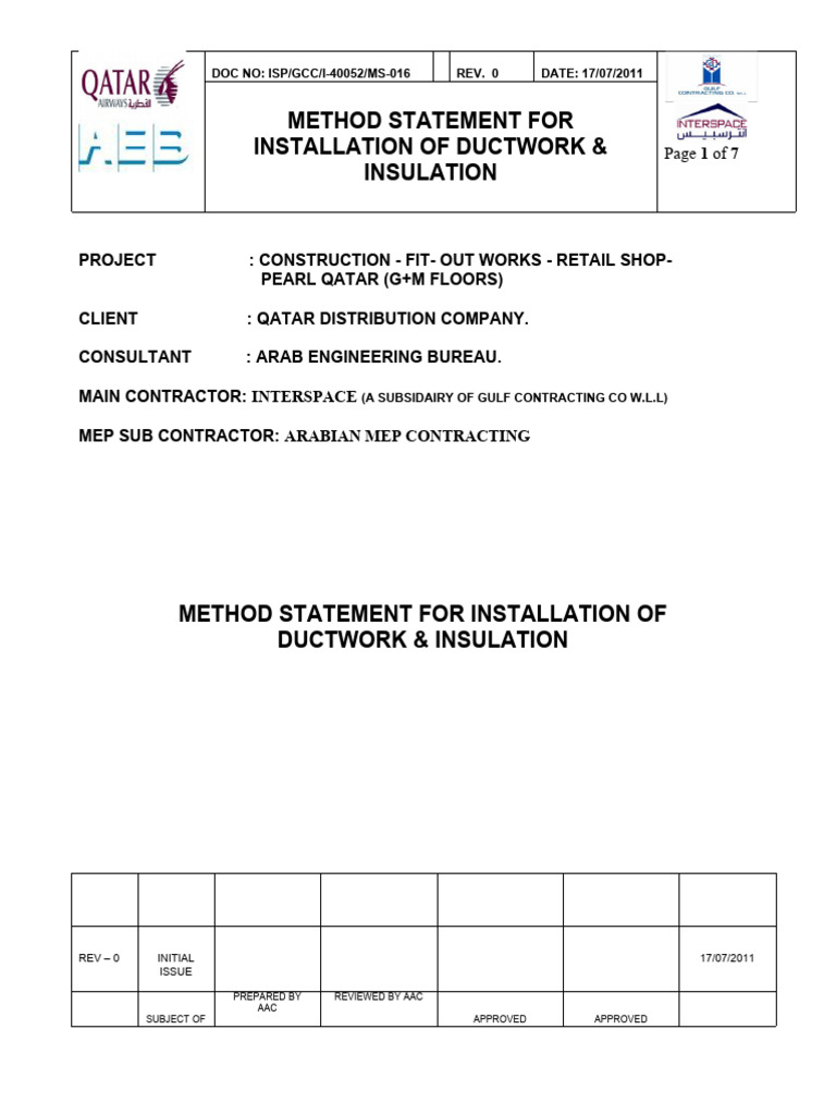 Method Statement For Duct Installation | PDF | Duct (Flow) | Building ...