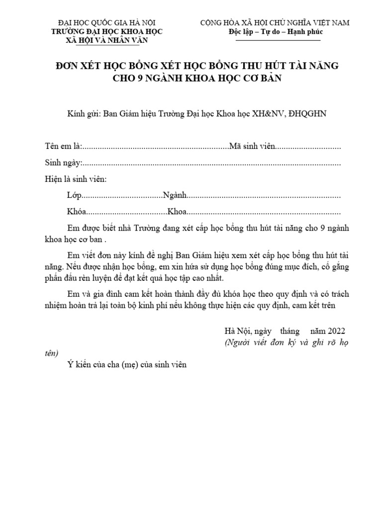 Mẫu - Đơn xét học bổng KHCB chinh thuc | PDF