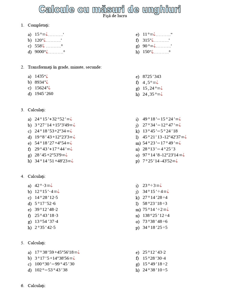 0 Fisa de Lucru Calcule Cu Masuri de Unghiuri | PDF