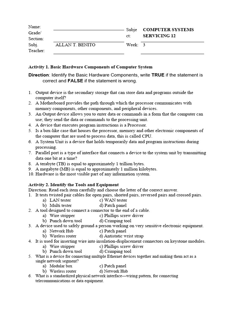 Computer Systems Sevicing-12 WS Q1 W3 | PDF | Computer Network | Manufactured Goods