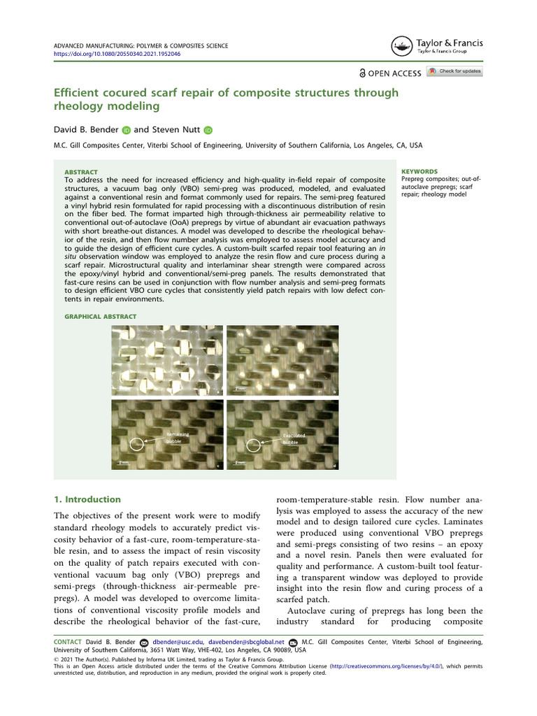 Bender 2021 Efficient Cocured Scarf Repair Of Composite Structures Through Reology Modeling