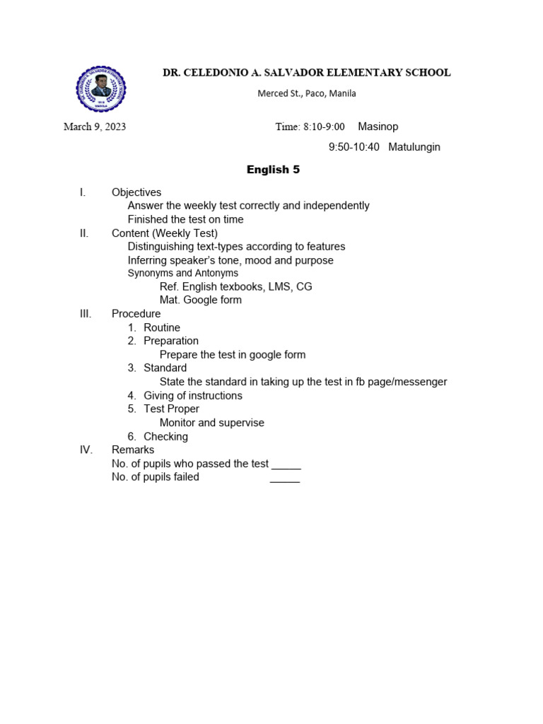 ENGLISH Lesson Plan Friday 3-10-2023 | PDF