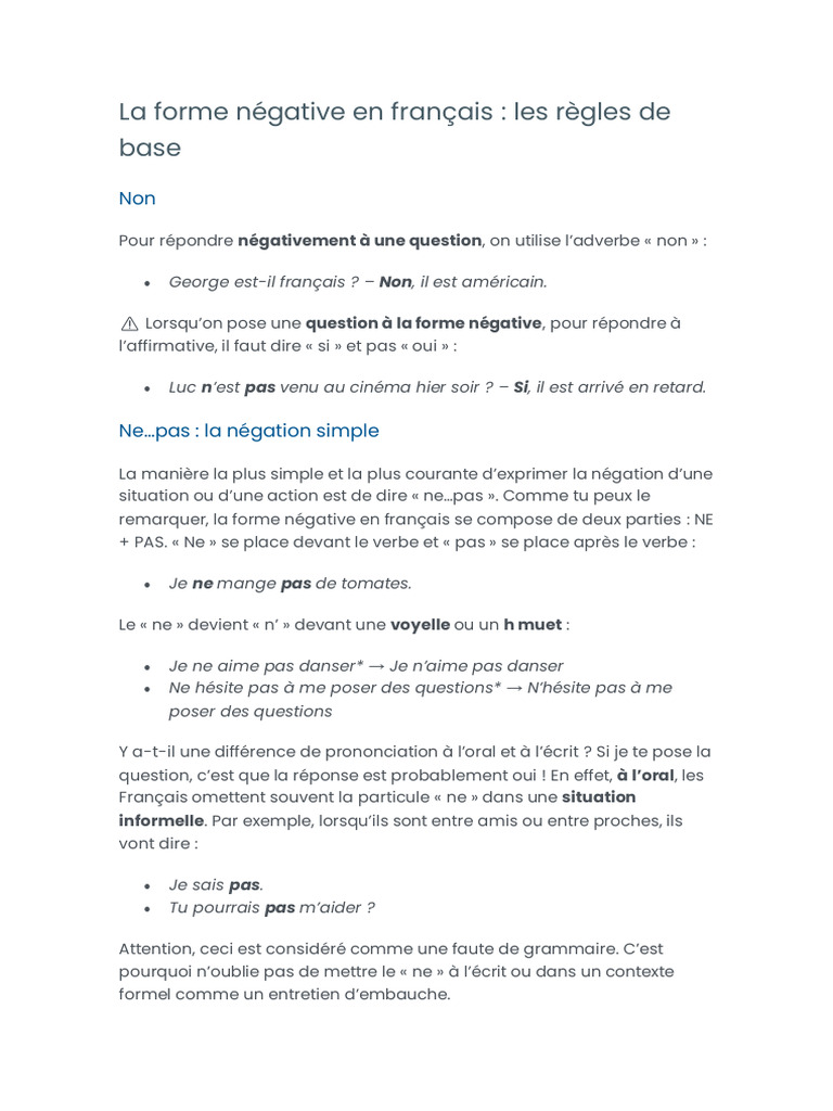 Maîtriser la Négation en Français | PDF | Adverbe | Verbe