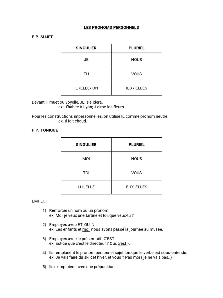 Les Pronoms Personnels | PDF | Pronom | Nombre grammatical