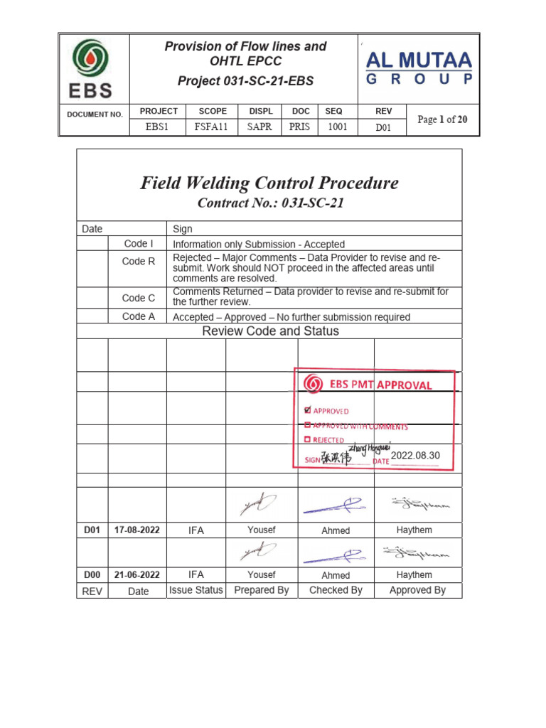 EBS1-FSFA13-SAPR-PRWP-1001-D01-Field Welding Control Procedure | PDF ...