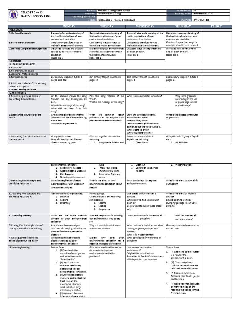 MAPEH Health Lesson Plan for Grade VI | PDF | Sanitation | Water