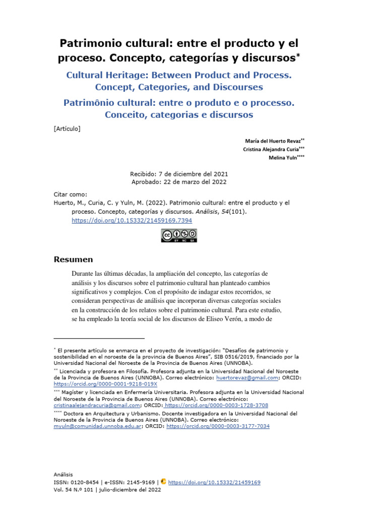 Patrimonio Cultural Entre El Producto y El Proceso. Concepto, Categorías y Discursos | PDF ...