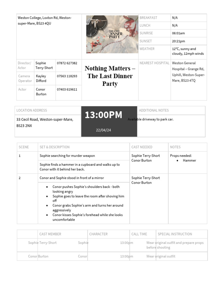 Call Sheet 33 Cecil Road - FMP Second Day | PDF