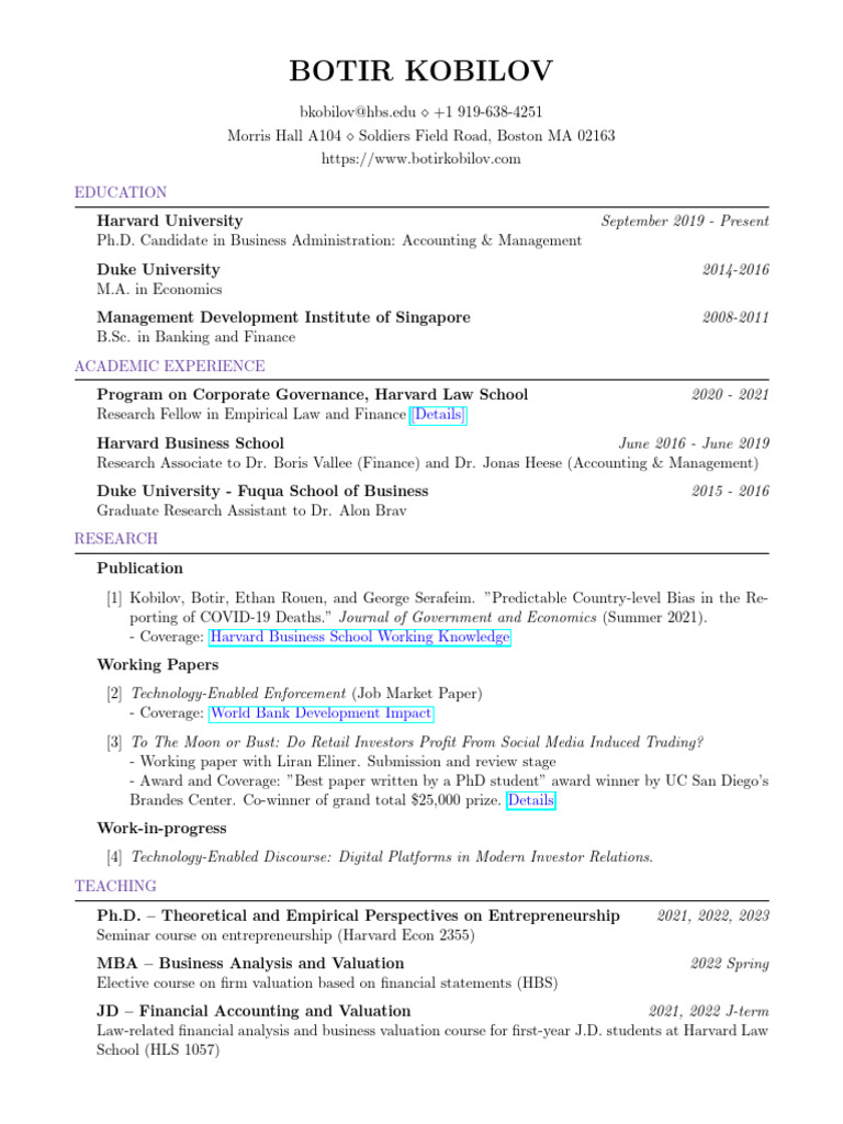 Botir Kobilov CV | PDF | Investing | Harvard Business School
