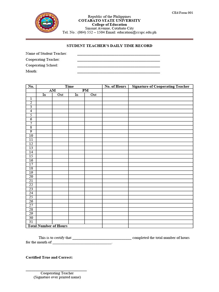 CEd Form 001 Student Teachers Daily Time Record | PDF