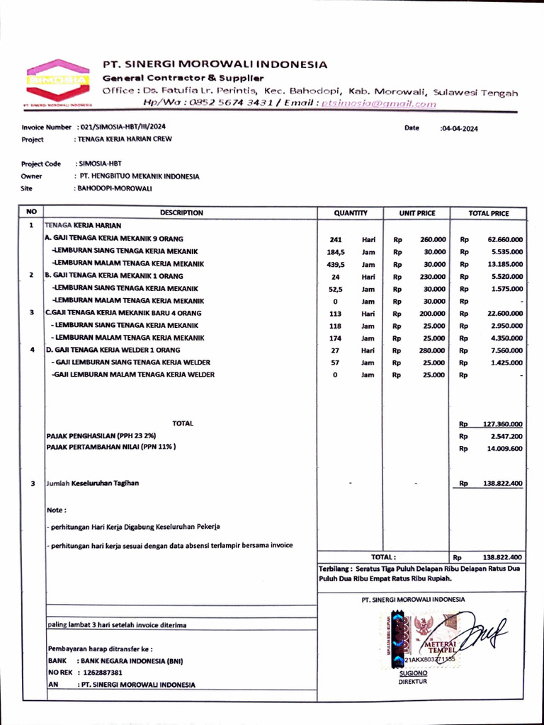 Absen, Rekapan Tagihan, Invoice Dan Faktur Pajak HBT Maret 2024 | PDF