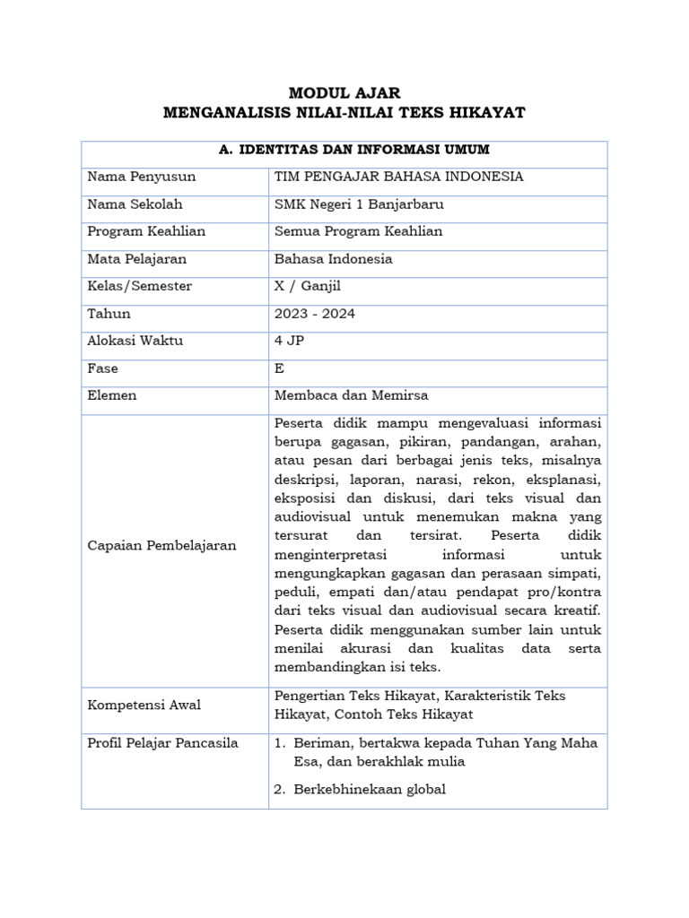 Modul Ajar Teks Hikayat Kelas 10 | PDF