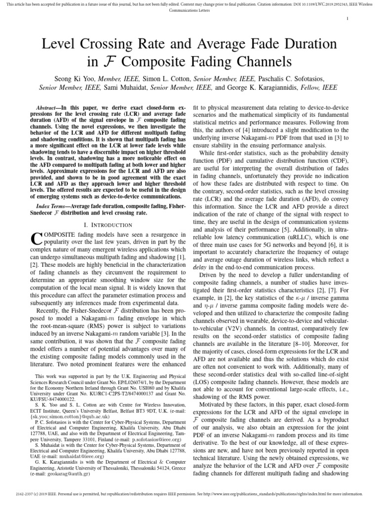 Level Crossing Rate and Average Fade Duration in Composite Fading Channels | PDF | Probability ...