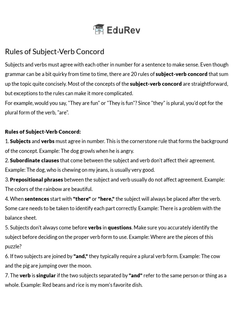 Rules of Subject-Verb Concord - English Grammar Advanced - Class 10 PDF ...