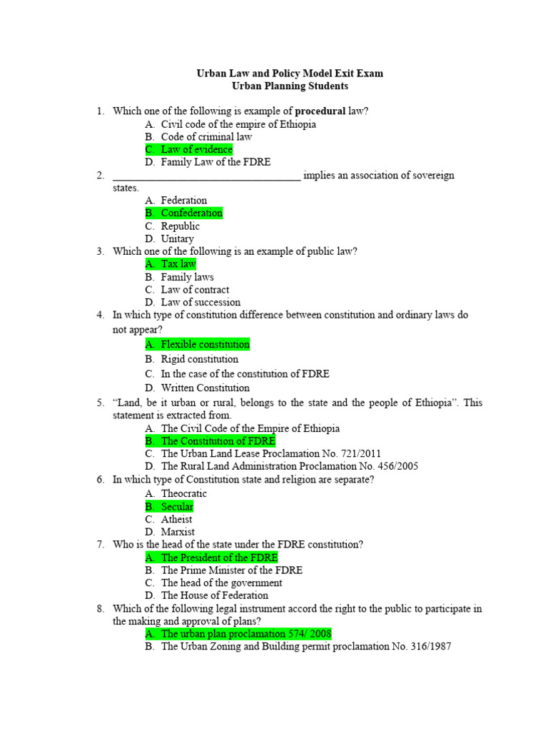 Urban Law Exit Exam Questions | PDF | Constitution | Eminent Domain