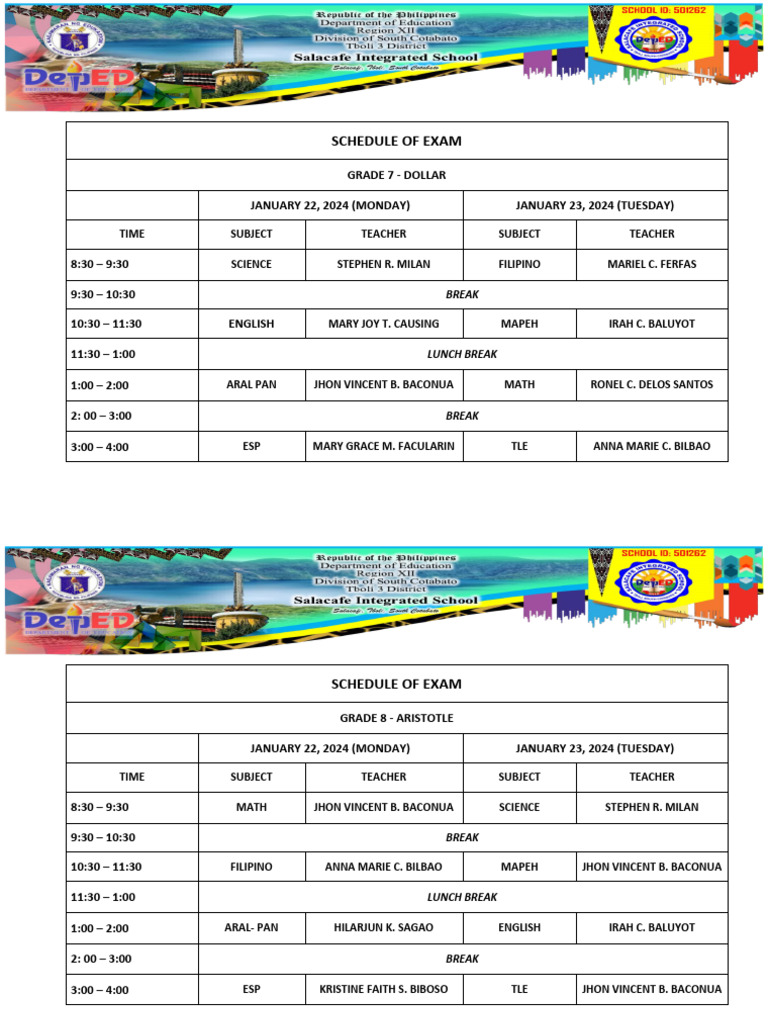 Exam Schedule for Grades 7-10 | PDF