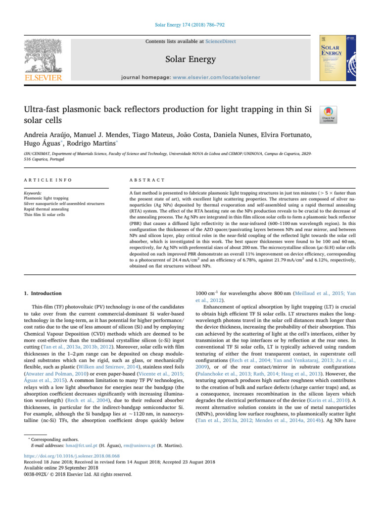 Ultra-Fast Plasmonic Reflectors for Solar Cells | PDF | Solar Cell ...