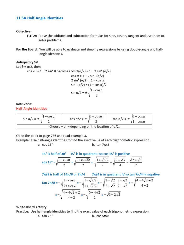 11.5B Half-Angle Identities | PDF | Trigonometric Functions | Complex Analysis