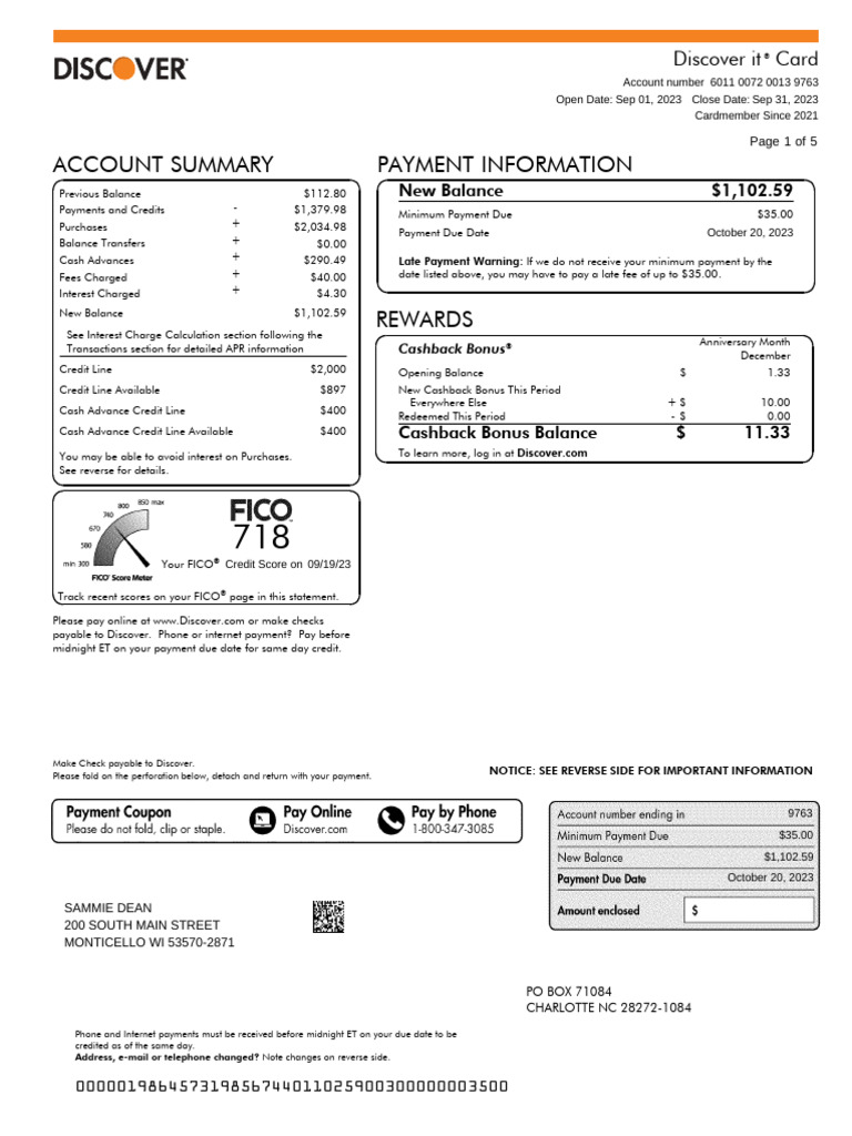 Discover Statement | Download Free PDF | Credit Card | Cheque