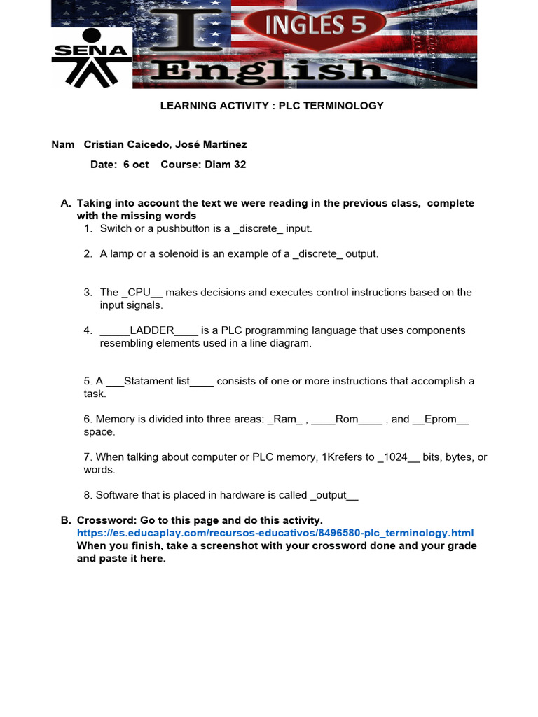 PLC Terminology Activity | PDF | Programmable Logic Controller ...