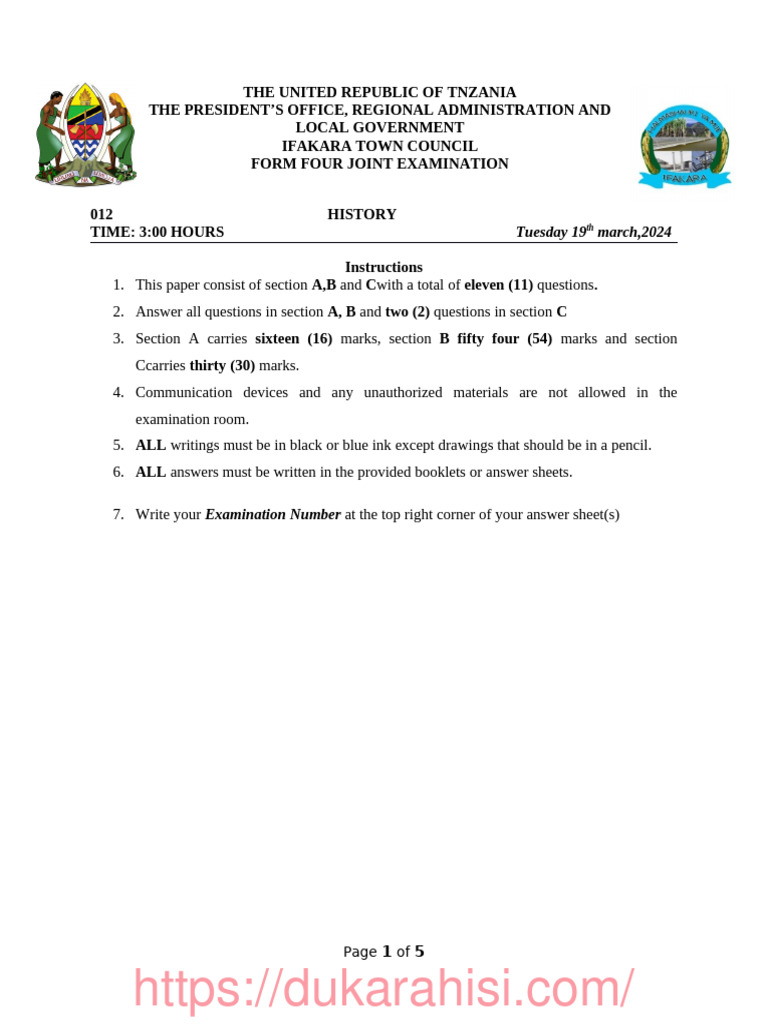Form Four History Joint Exam 2024 | PDF | Colonialism | Africa