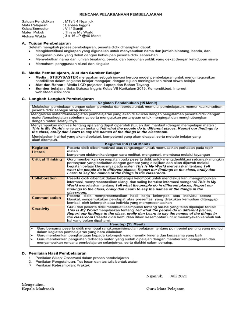 RPP 1 Lembar B.ing Kelas 7 | PDF