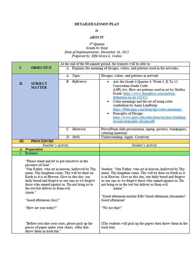 Grade 4 Art Lesson: Design, Color, Patterns | PDF | Shape