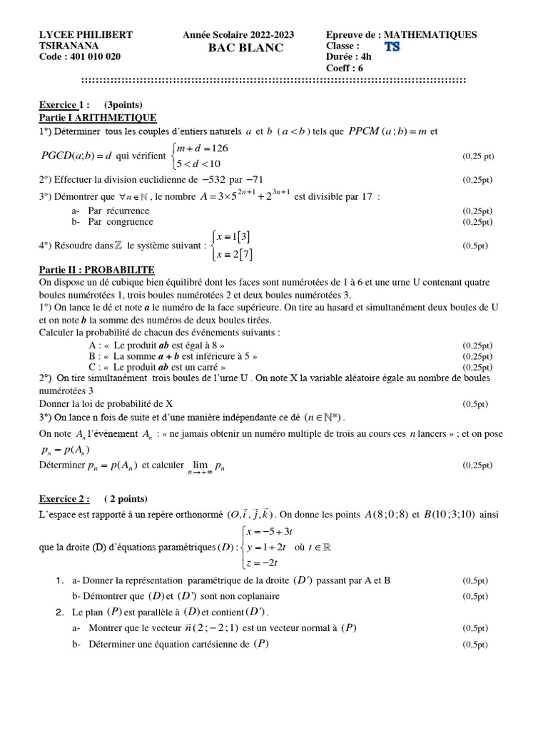 Bac Blanc TS | PDF | Probabilité | Angle
