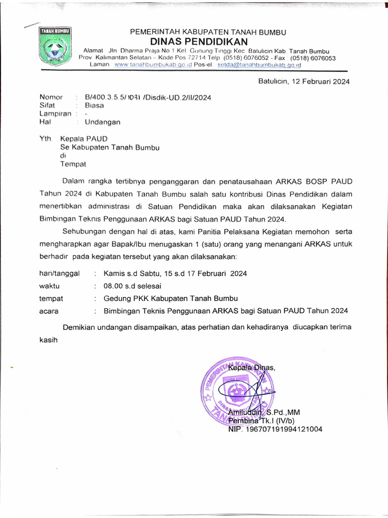 Contoh Undangan Bimtek ARKAS | PDF