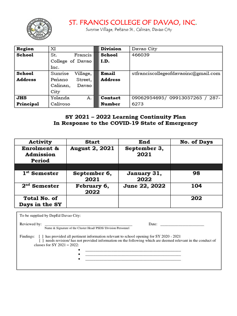 St. Francis College Davao Learning Plan 2021 | PDF | Distance Education ...
