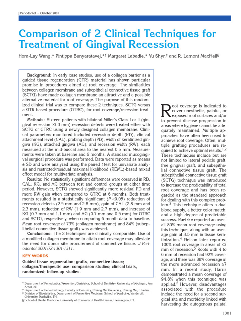 Wang Et Al 2001 J Perio Comparision of 2 Treatment Modalities For Ging Recession | PDF ...